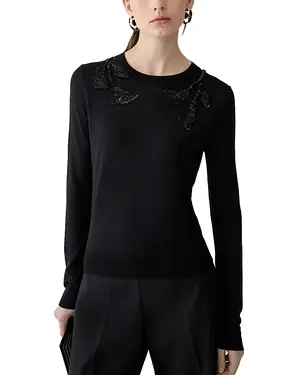 Carolina Herrera Embellished Long Sleeve Crewneck Sweater - Black