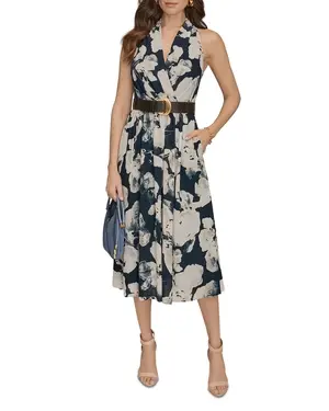 Donna Karan New York Belted Sleeveless Chiffon Dress