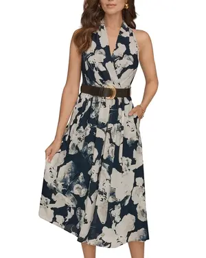 Donna Karan New York Belted Sleeveless Chiffon Dress