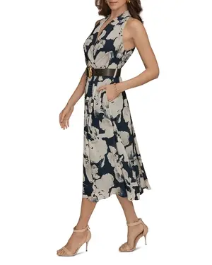 Donna Karan New York Belted Sleeveless Chiffon Dress