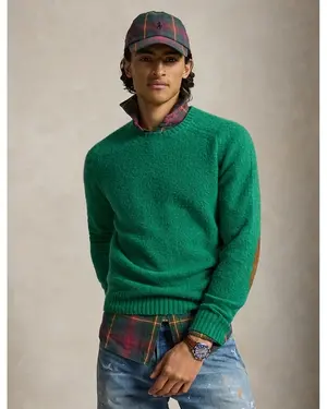 Polo Ralph Lauren Suede Elbow Patch Wool Blend Crewneck Sweater - Basil Green