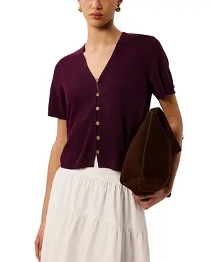 Whistles Short Sleeve Button Front Knit Top - Plum