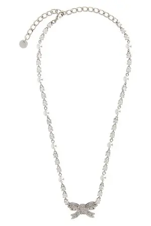 SELF-PORTRAIT Crystal Pearl Bow' Necklace - Silver