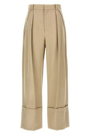 Victoria Beckham Maxi Turn-up Wool Pants - Beige