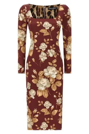 Dolce & Gabbana Rose Print Silk Satin Midi Dress