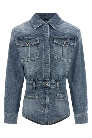 SELF-PORTRAIT Rhinestone Denim Jumpsuit - Blue