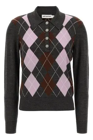 SELF-PORTRAIT Argyle Lightweight Sweater - Gray