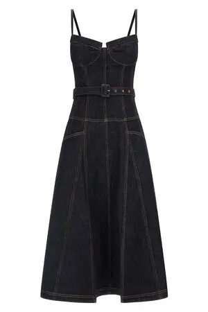 SELF-PORTRAIT 'indigo Denim Flared Midi' Dress