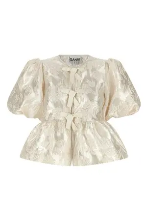 GANNI Satin Peplum Jacquard Blouse