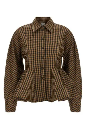 GANNI Crinkled Taffeta Check Print Blouse
