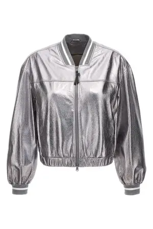Brunello Cucinelli Laminated Leather Bomber Jacket - Silver