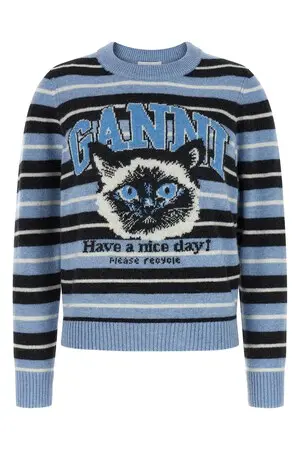 GANNI Graphic Striped Wool Sweater - Light Blue