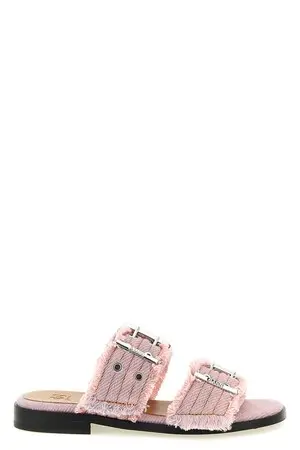 GANNI Feminine Buckle Fringed Denim' Sandals - Pink