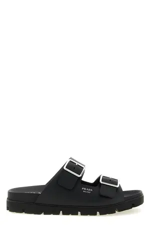 Prada Rubber Slides With Logo Detail - Black