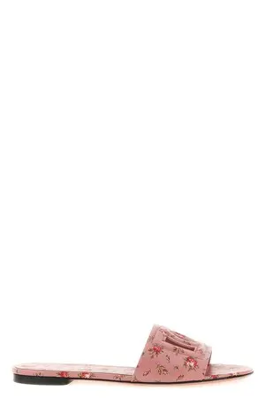 Dolce & Gabbana Rose Print Calf Leather Slides - Pink