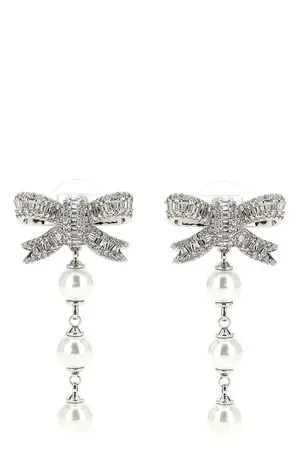 SELF-PORTRAIT Crystal Bow Pearl Droplet' Earrings - Silver