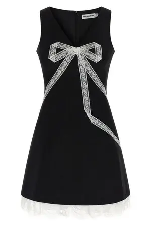 SELF-PORTRAIT Crêpe Bow Lace Mini Dress - White/black