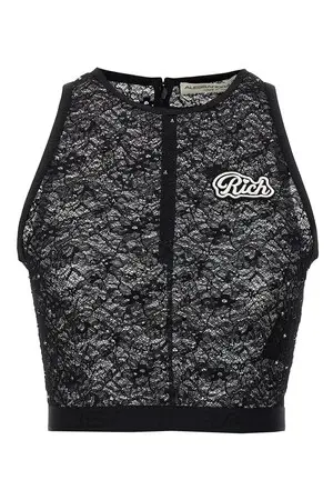 Alessandra Rich Rhinestone Lace Crop Top - Black