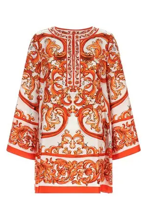 Dolce & Gabbana Maiolica Print Silk Twill Kaftan Mini Dress