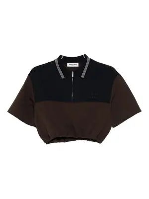 Miu Miu Cropped Short Sleeve Zip Up Collar Top - Brown