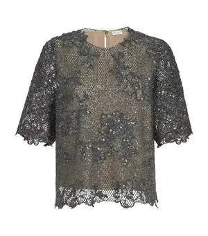 Brunello Cucinelli Sequin-embellished Lace Top - Grey