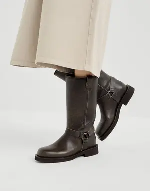 Brunello Cucinelli Leather Biker Boots With Shiny Loops