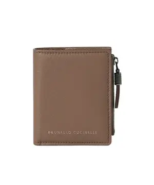 Brunello Cucinelli Grained Calfskin Compact Wallet With Shiny Zipper Pull - Brown Hazelnut Chocolate