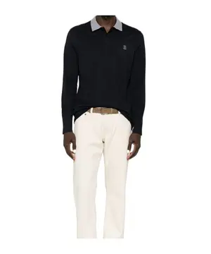 Brunello Cucinelli Logo Embroidered Long-sleeved Polo Shirt - Navy Blue