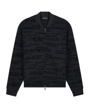 Emporio Armani Zip-up Sweatshirt In Double Jersey With All-over Flocked Logo - Black