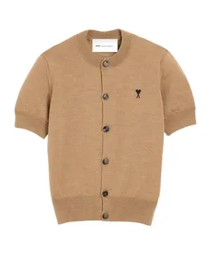 AMI Paris Brown Wool Short-sleeve Cardigan With De Coeur - Camel/black