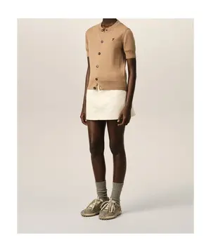 AMI Paris Brown Wool Short-sleeve Cardigan With De Coeur