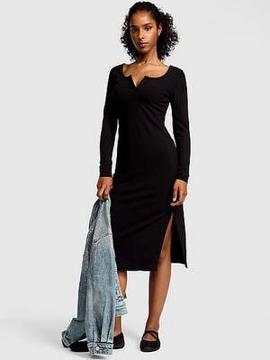 Pink All-day Soft Rib Long-sleeve Midi Dress - Black