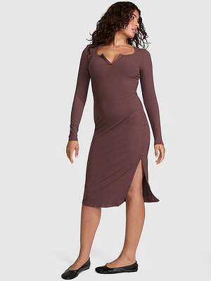 Pink All-day Soft Rib Long-sleeve Midi Dress Brown