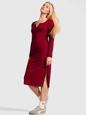 Pink All-day Soft Rib Long-sleeve Midi Dress Red