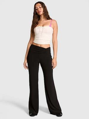 Pink Stretchy Knit Ruched Flare Pants - Black