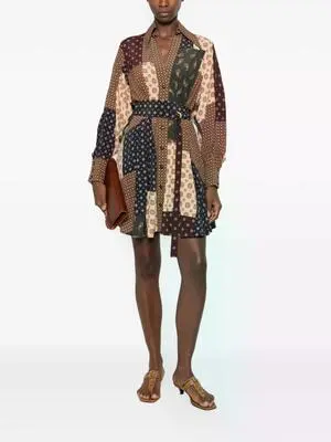 Zimmermann Tuck Patchwork-print Belted Mini Dress