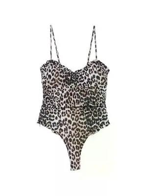 GANNI Leopard-print Ruffled Bodysuit - Brown