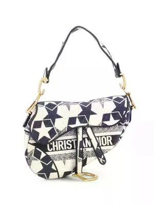 Dior Saddle Bag Logo Embroidered Canvas Medium Shoulder Bag - Blue