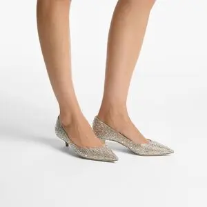 JIMMY CHOO Amelia Light Soft Gold Shimmer Suede Pumps With Crystal Hotfix