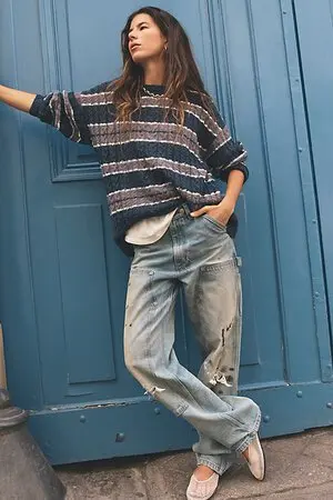 Free People Striped Cable Knit Pullover - Navy Combo