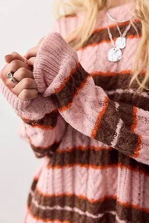 Free People Striped Cable Knit Pullover - Rose Combo