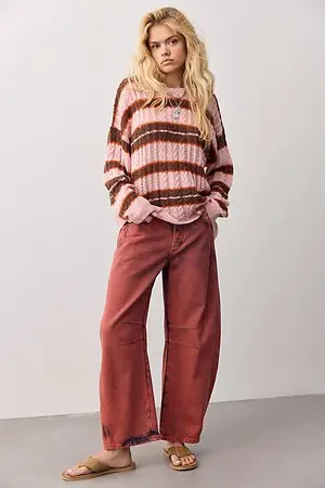Free People Striped Cable Knit Pullover - Rose Combo