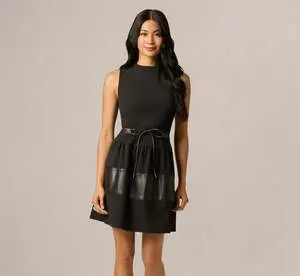 Adrianna Papell Faux Leather Trim Tie Front Stretch Mini Dress - Black