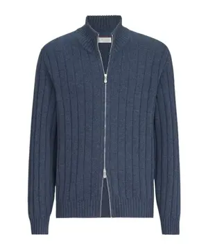 Brunello Cucinelli Cashmere Ribbed Cardigan With Zip - Denim