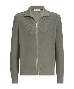 Brunello Cucinelli Cotton Half English Rib Cardigan With Zipper - Gray