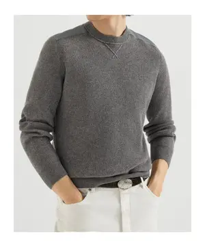 Brunello Cucinelli Cashmere Ribbed Sweater With Cotton Inserts