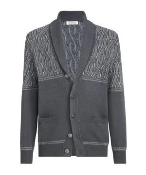 Brunello Cucinelli Cotton Shawl-collar Cardigan With Jacquard Cable Shoulder - Medium Gray