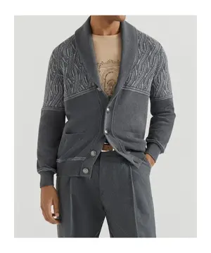 Brunello Cucinelli Cotton Shawl-collar Cardigan With Jacquard Cable Shoulder - Medium Gray