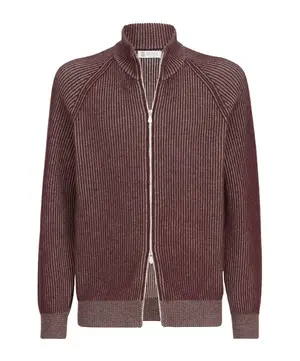Brunello Cucinelli Cashmere Vanisé English Rib High-neck Cardigan With Zipper - Deep Fuchsia
