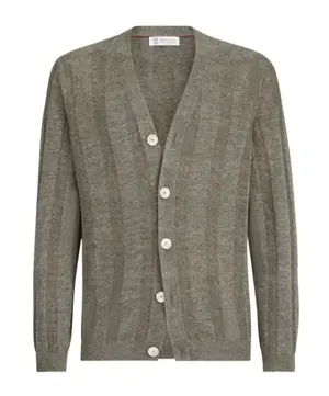 Brunello Cucinelli Linen And Cotton Textured Rib Cardigan - Olive